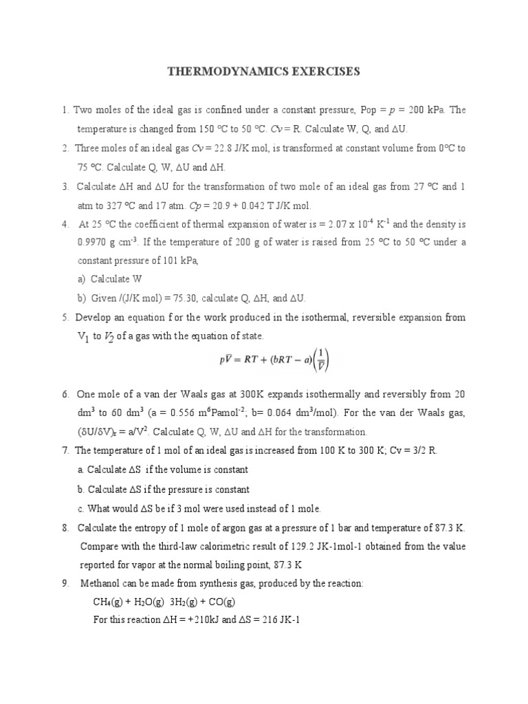 Thermodynamics Problem Set | PDF | Gases | Enthalpy