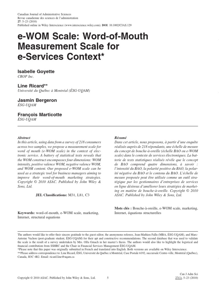 E-WoM Scale - Word-Of-Mouth Measurement Scale For E-Services Context ...