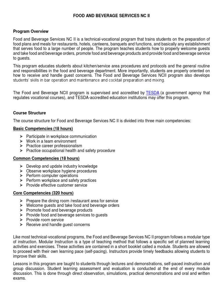 Program Overview - Food and Beverage Services NC II | Download Free PDF ...