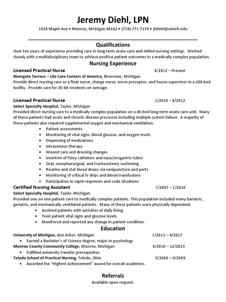 Jeremy Diehl Resume | PDF | Nursing | Intravenous Therapy
