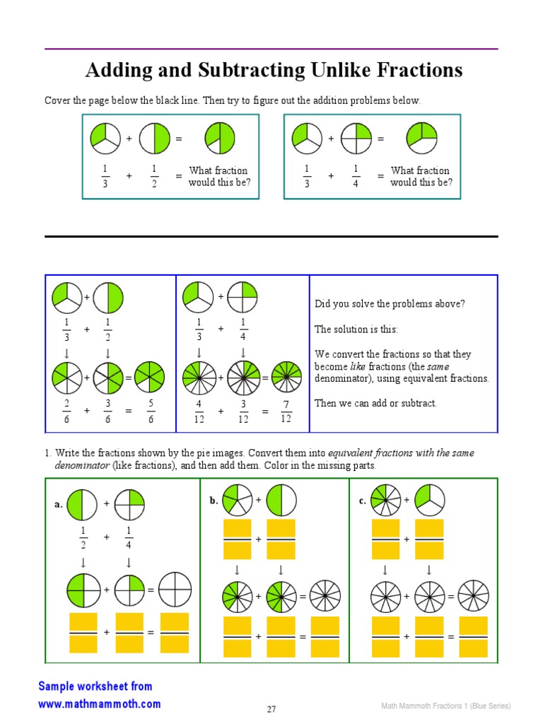 Fractions 1 Adding Subtracting Unlike Fractions PDF | PDF | Fraction ...