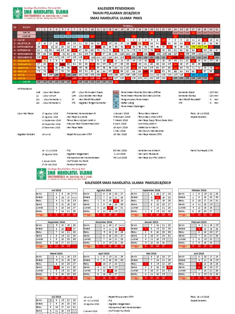 Kalender Pendidikan TAHUN PELAJARAN 2018/2019 Smas Nahdlatul Ulama ...
