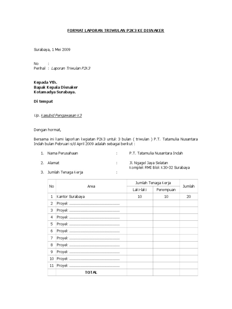 Laporan Triwulan P2K3 ke Disnaker | PDF