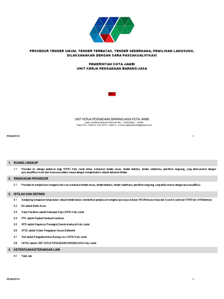 SOP Tender Umum, Tender Terbatas, Tender Sederhana Dilaksanankan Dengan ...