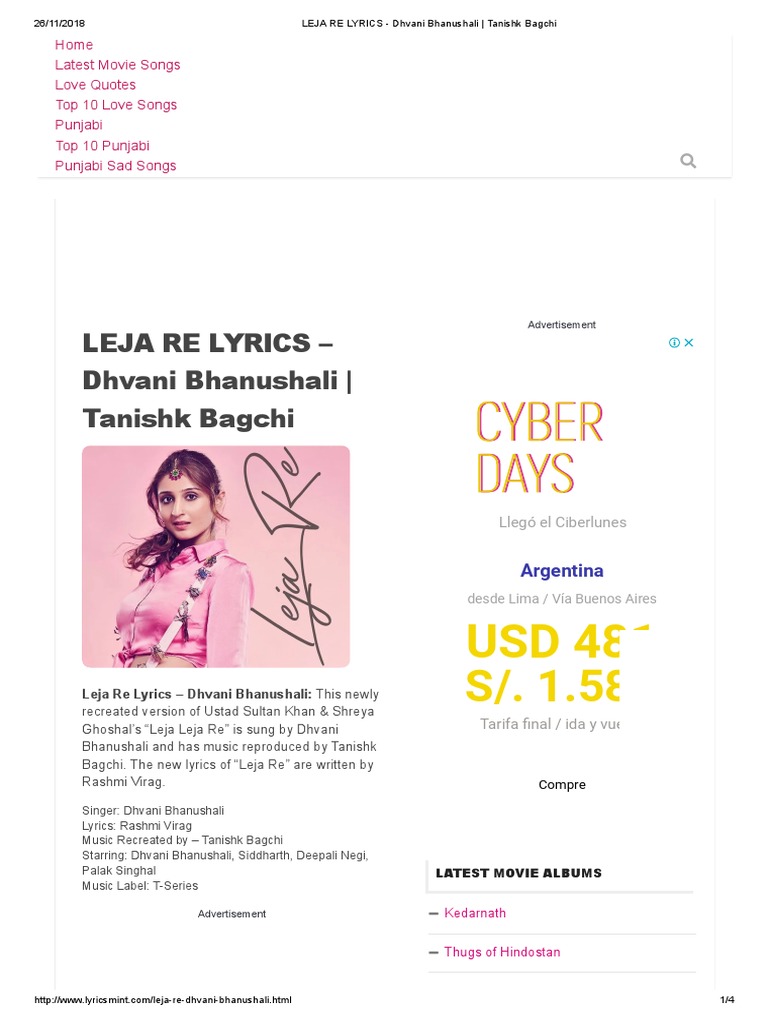 LEJA RE LYRICS - Dhvani Bhanushali - Tanishk Bagchi | PDF | Bollywood ...