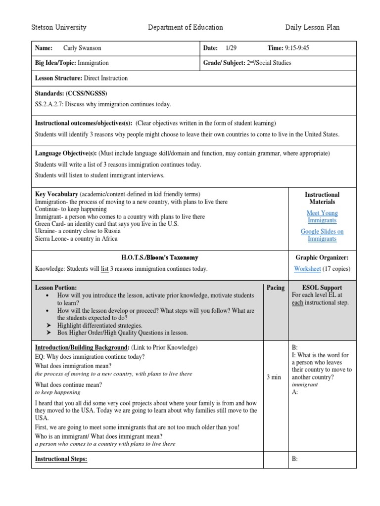 2nd Grade Immigration Lesson Plan | PDF | Lesson Plan | Immigration