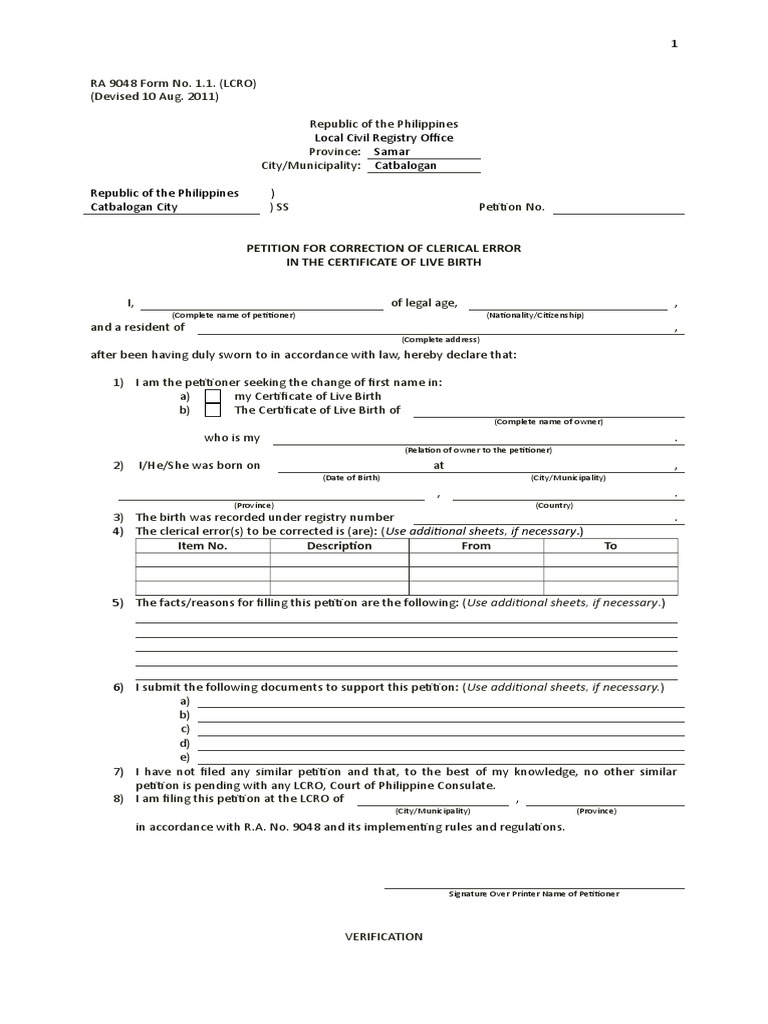 RA 9048 Form No-Clerical Error in Birth Cert | PDF | Birth Certificate ...