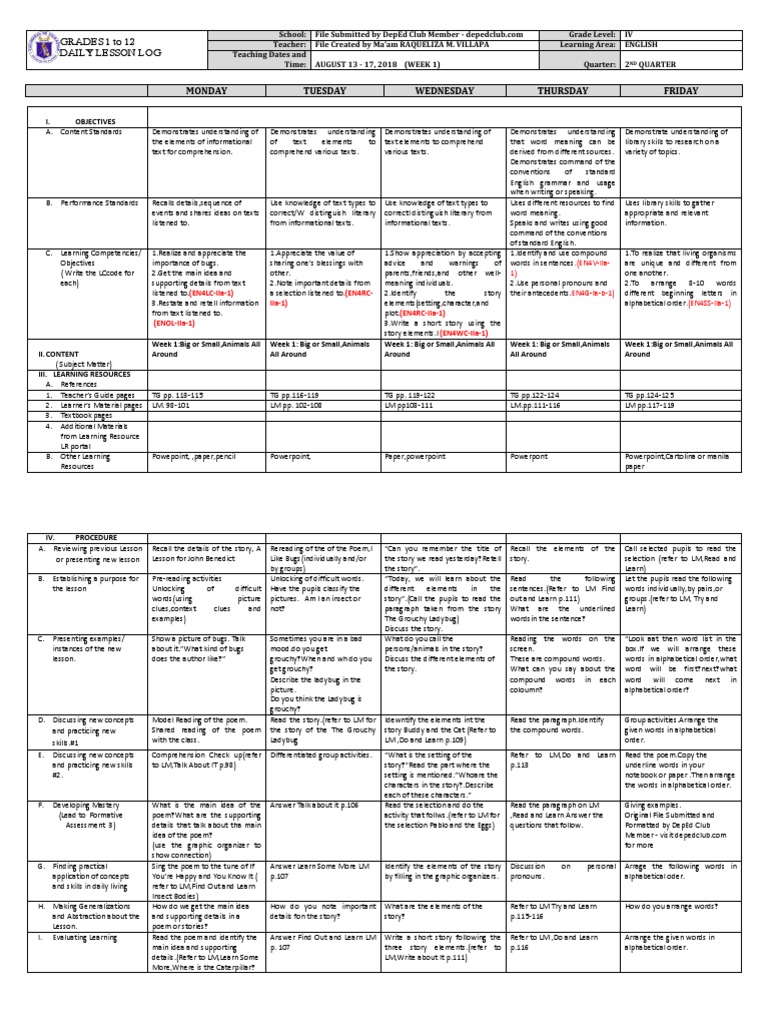 Grades 1 To 12 Daily Lesson Log: (En4Lc-Iia-1) - (En4Rc-Iia-1) - (En4Rc ...