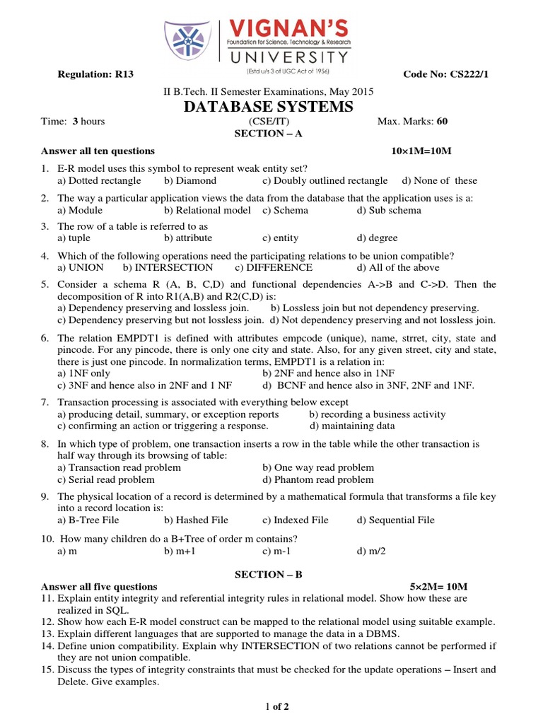Database Systems Regulation: R13 Code No: CS222/1 | PDF | Relational ...