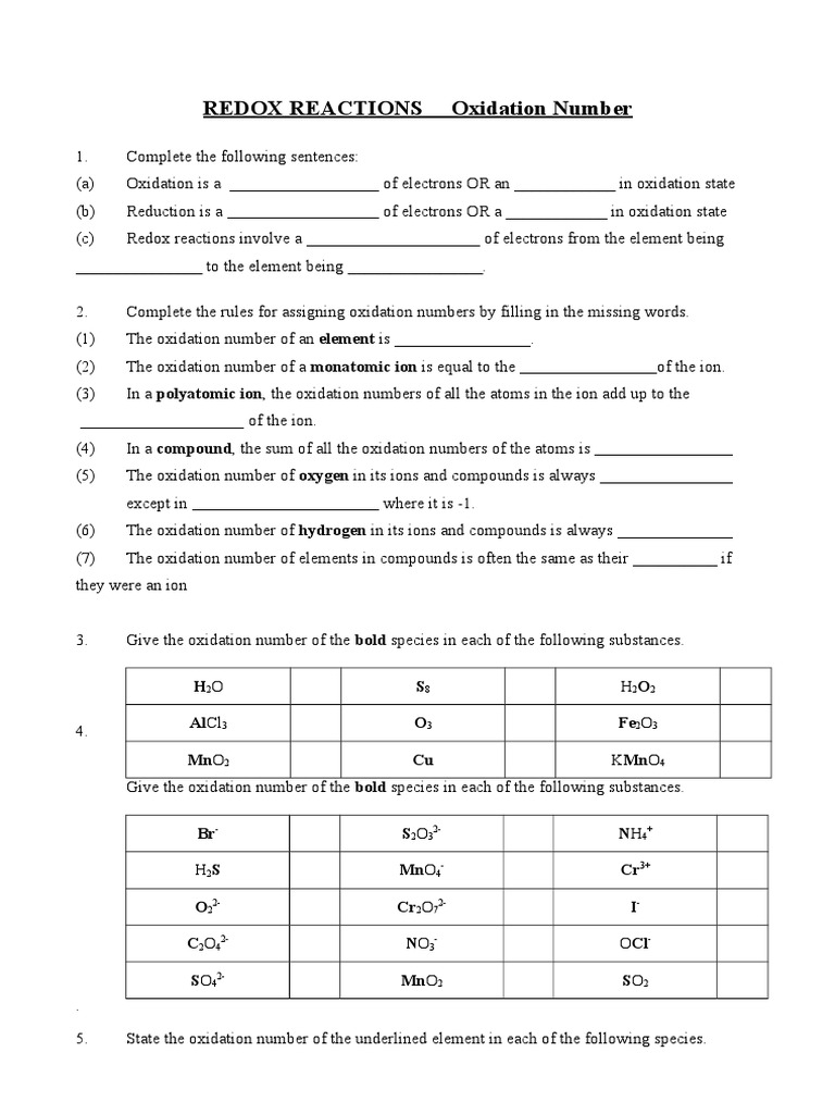 Redox Reactions Oxidation Number: H S O Alcl O Fe Mno Cu | PDF | Redox ...