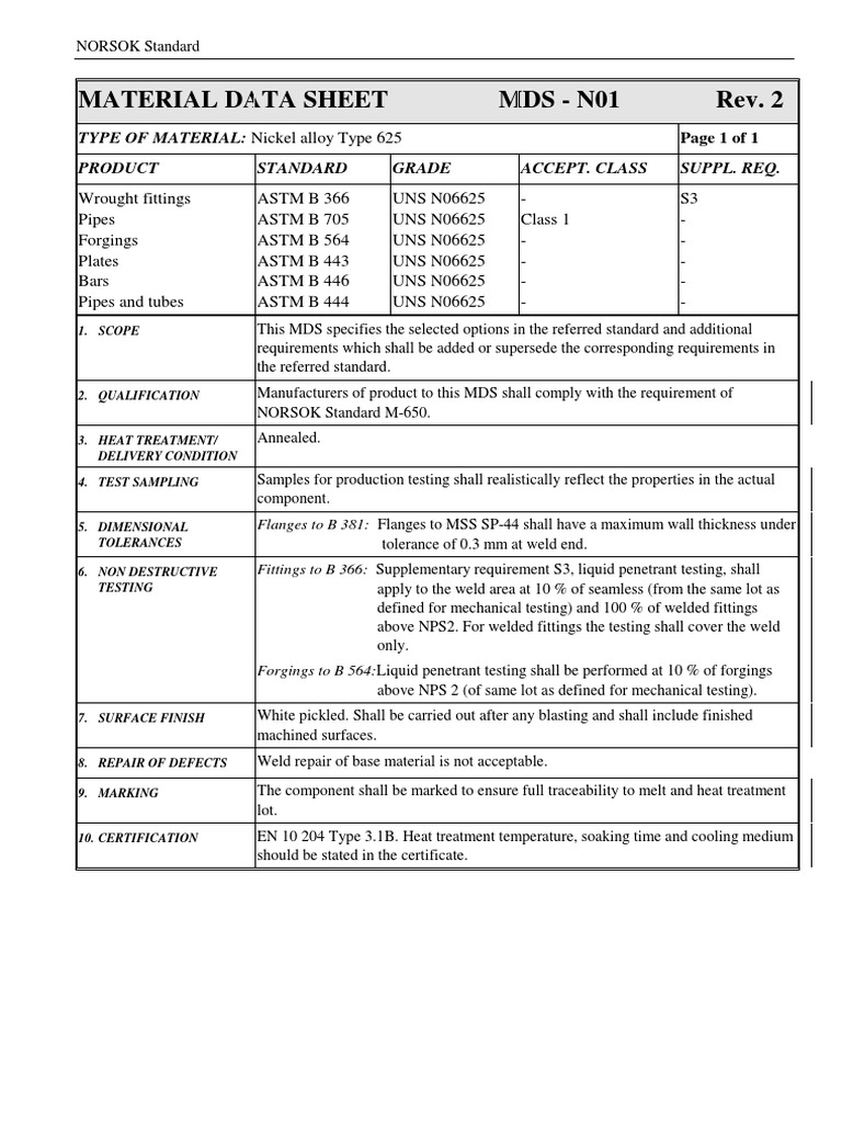 Material Data Sheet MDS - N01 Rev. 2 | Download Free PDF | Pipe (Fluid ...