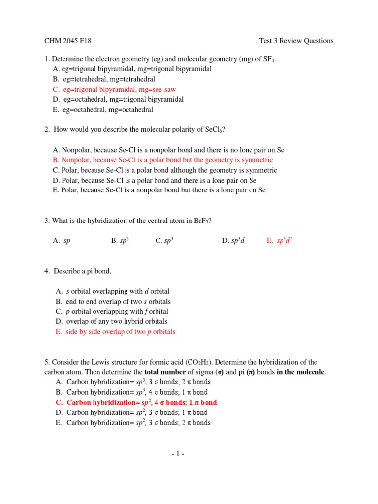 CHM+2045+F18+Test+3+Review+Questions With+answers | PDF | Chemical ...