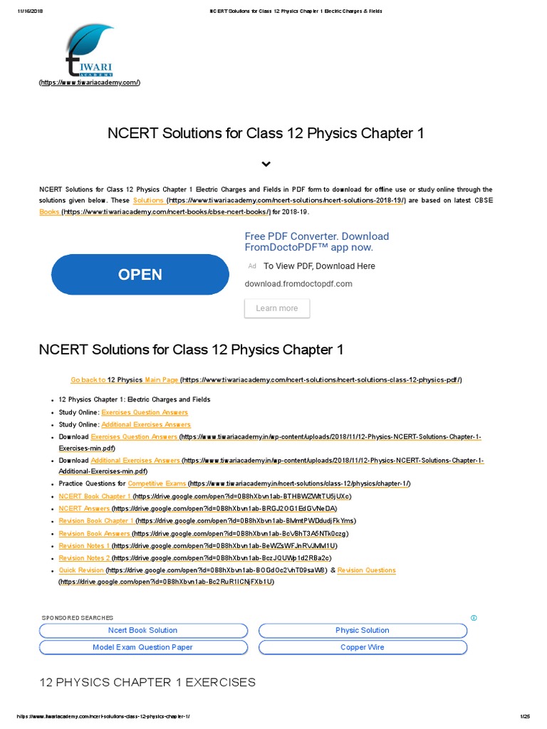 NCERT Solutions For Class 12 Physics Chapter 1 Electric Charges ...