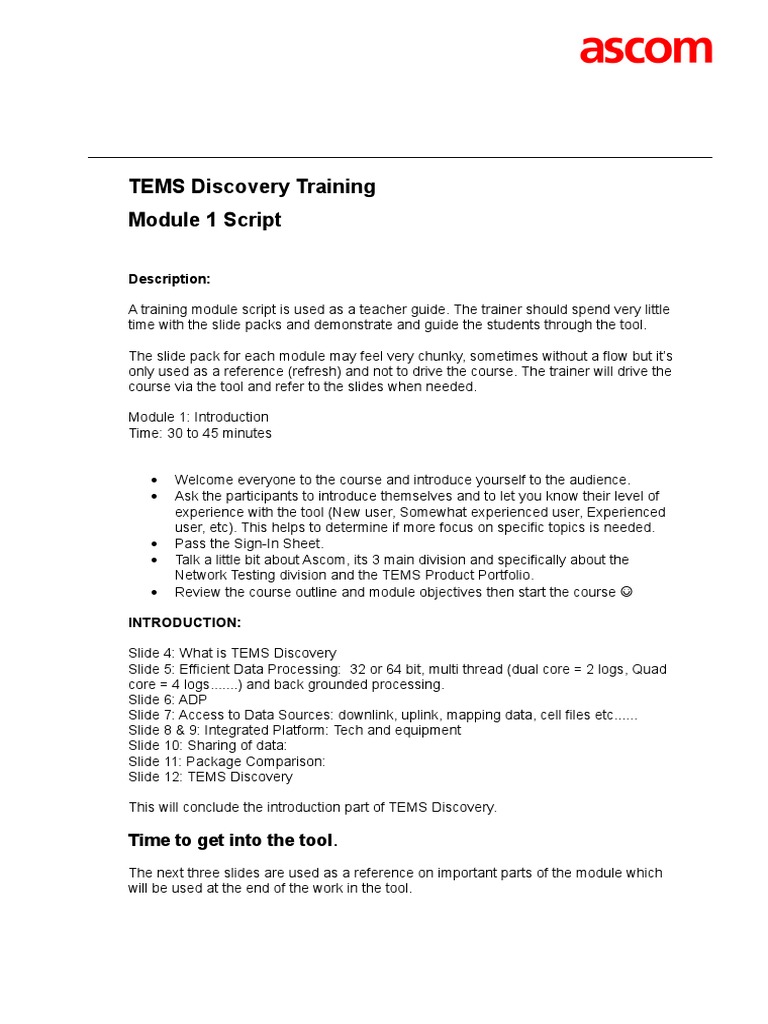 TEMS Discovery Training Module 1 Script: Description | PDF | Geographic ...
