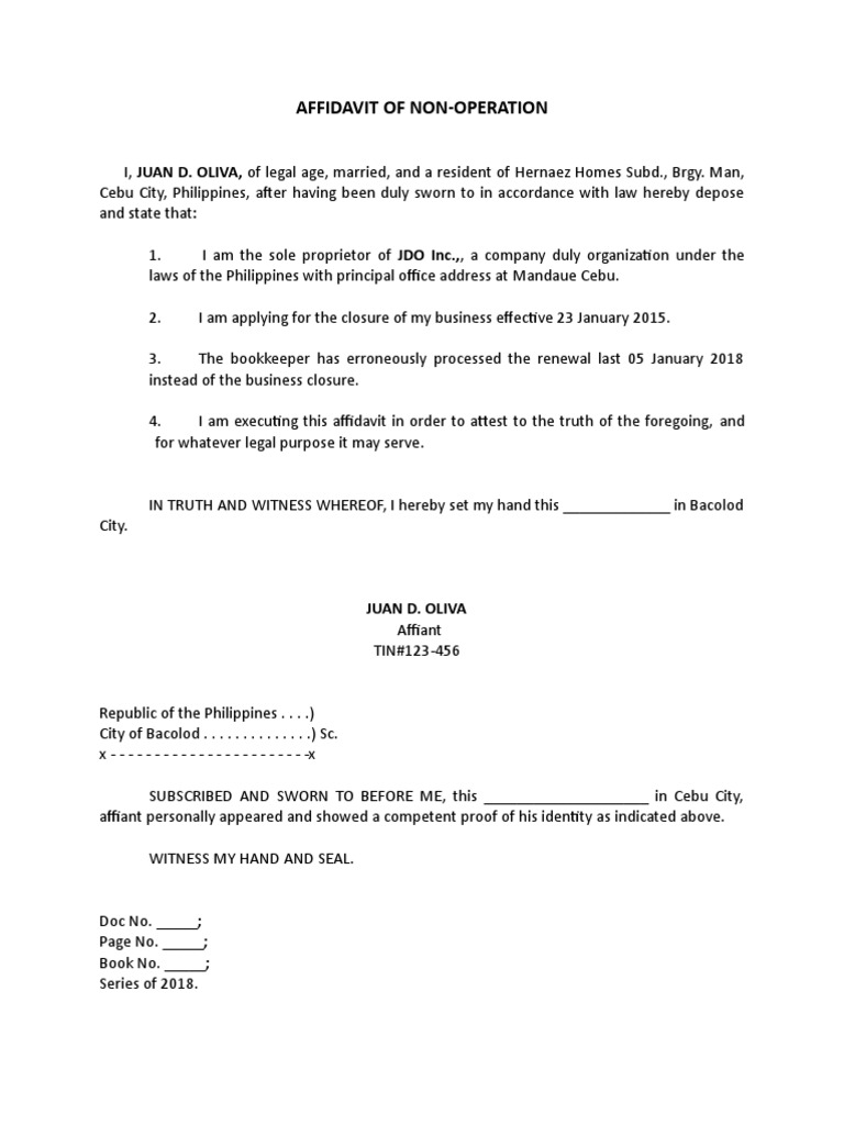 Affidavit of Non Operation | PDF