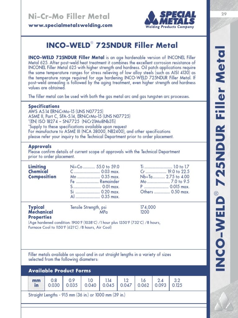 Inco-Weld 725NDUR Filler Metal | PDF | Annealing (Metallurgy) | Metals