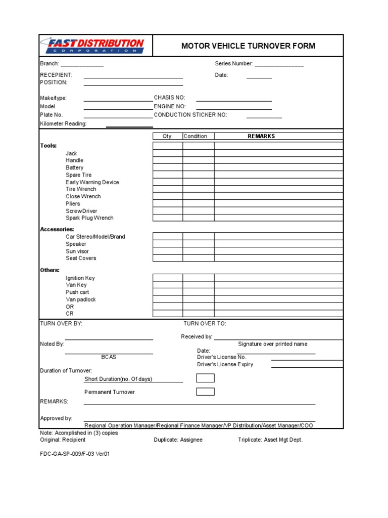FDC-GA-SP-009 F-03 Ver01 Motor Vehicle Turn-Over Form | PDF