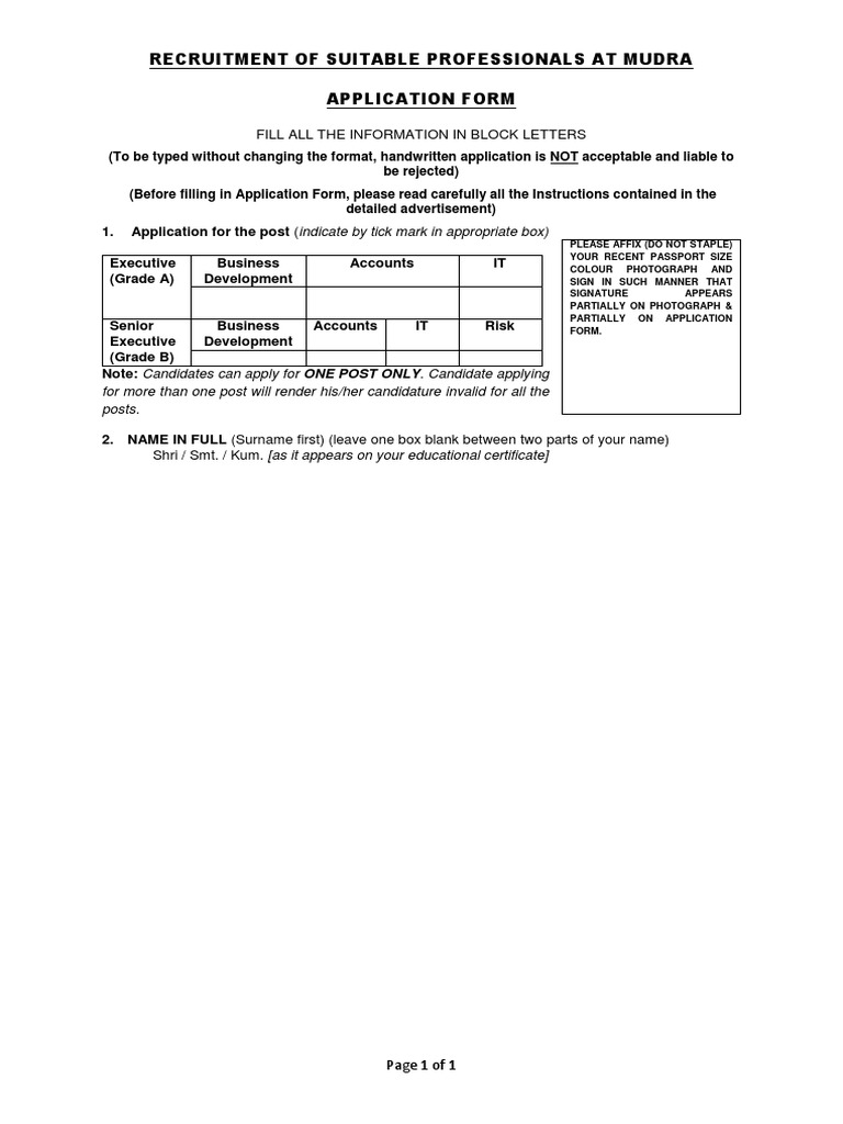 Recruitment of Suitable Professionals at Mudra Application Form | PDF
