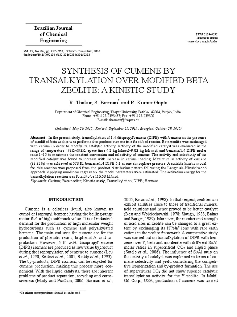 Chem Eng: Cumene Synthesis Study | PDF | Zeolite | Chemical Reactor