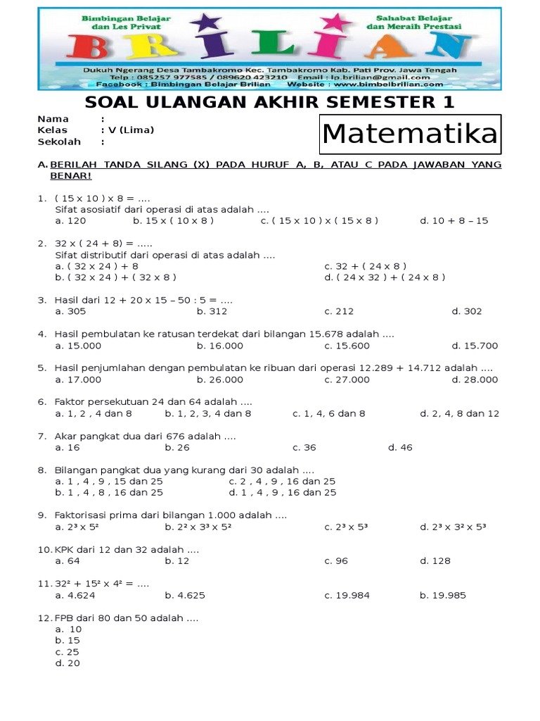 Soal UAS Matematika Kelas 5 SD Semester 1 (Ganjil) Dan Kunci Jawaban | PDF