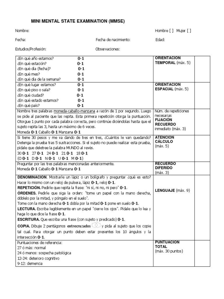 Mini Mental State Examination (Mmse) | PDF | Ciencia cognitiva | Cognición