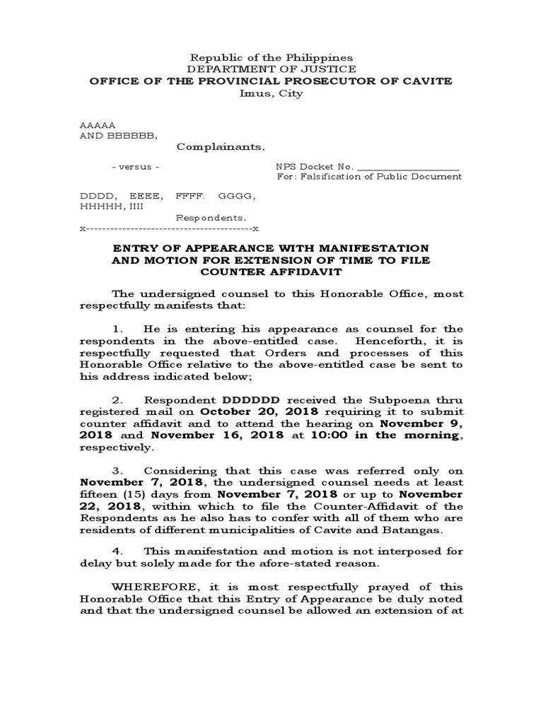 Sample ENTRY of APPEARANCE With Manifestation and Motion for Extension ...