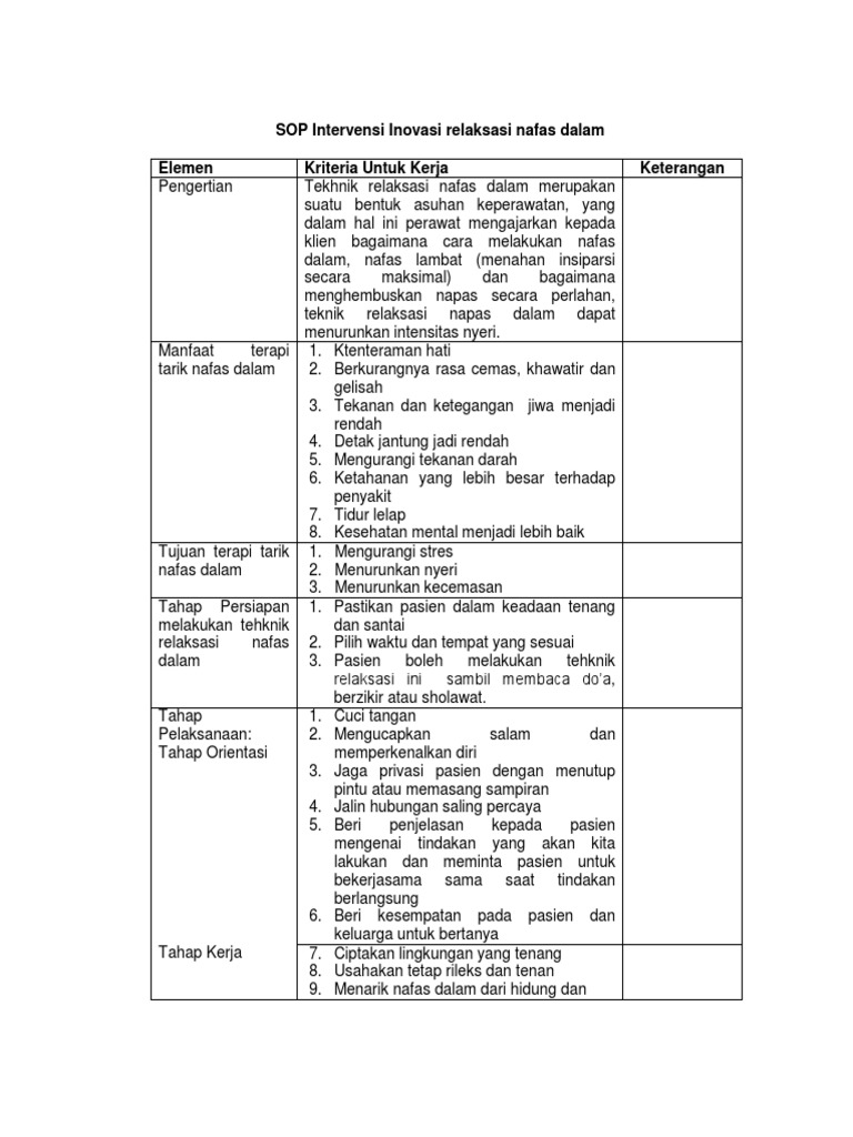 Lampiran 6 SOP Relaksasi Napas Dalam | PDF