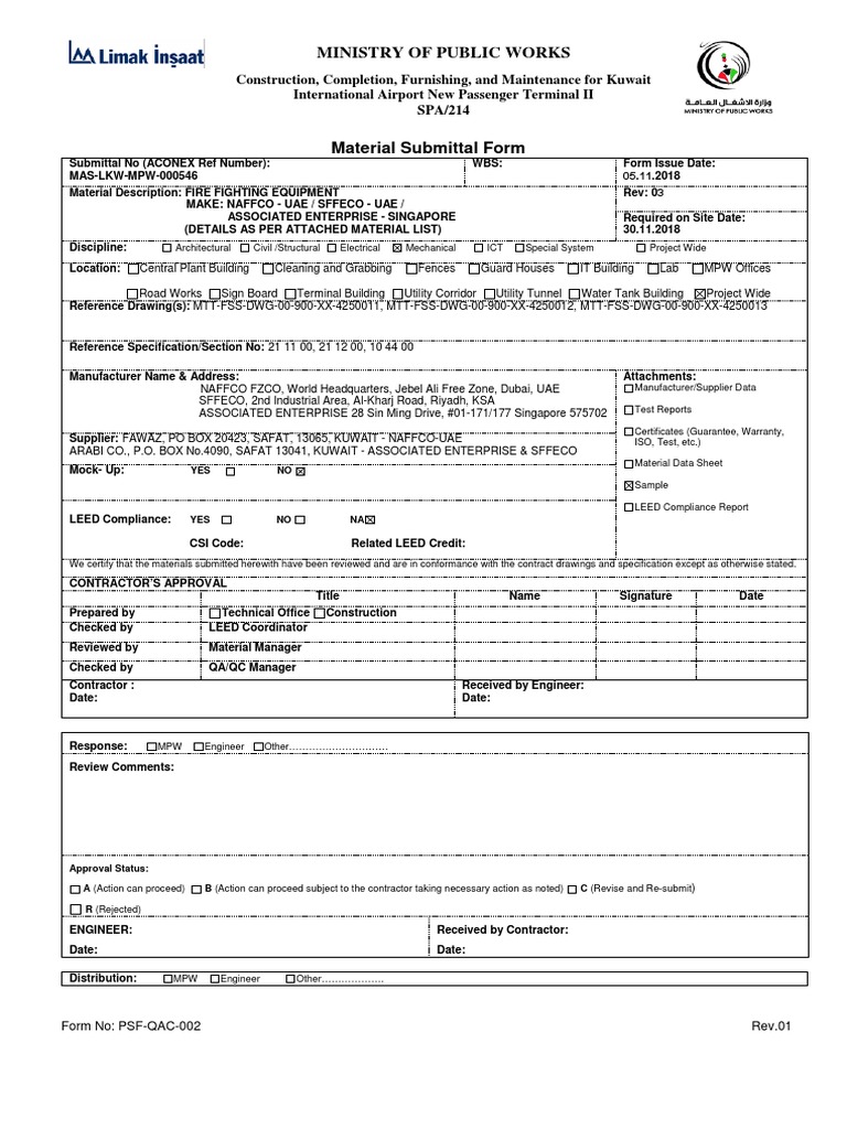 Fire Fighting Equipment Sample Submittal (1) | Specification (Technical ...