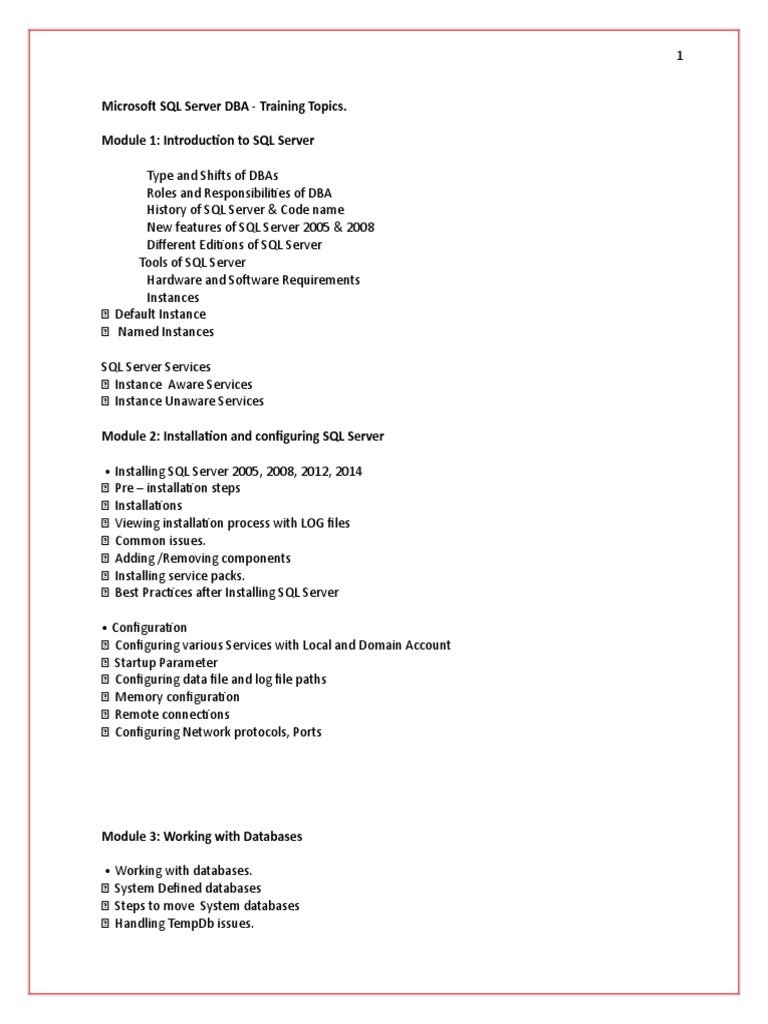 Sql Dba Learning Syllabus Pdf Microsoft Sql Server Replication Computing 