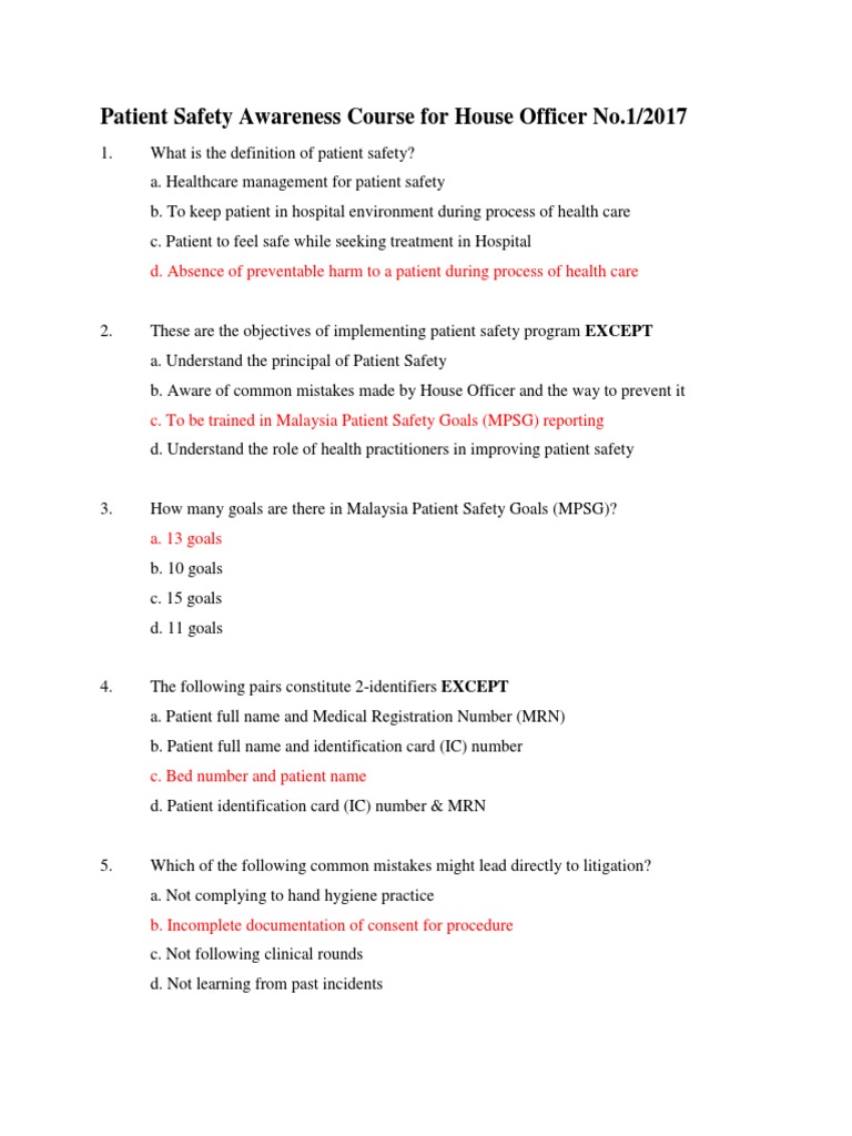 Patient Safety Awareness Course Test 2017 | PDF | Patient Safety | Patient