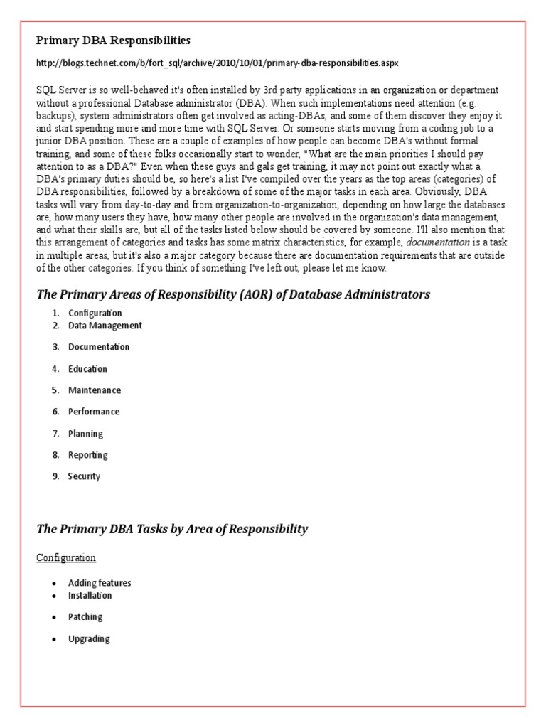 Primary DBA Responsibilities | PDF | Microsoft Sql Server | Databases