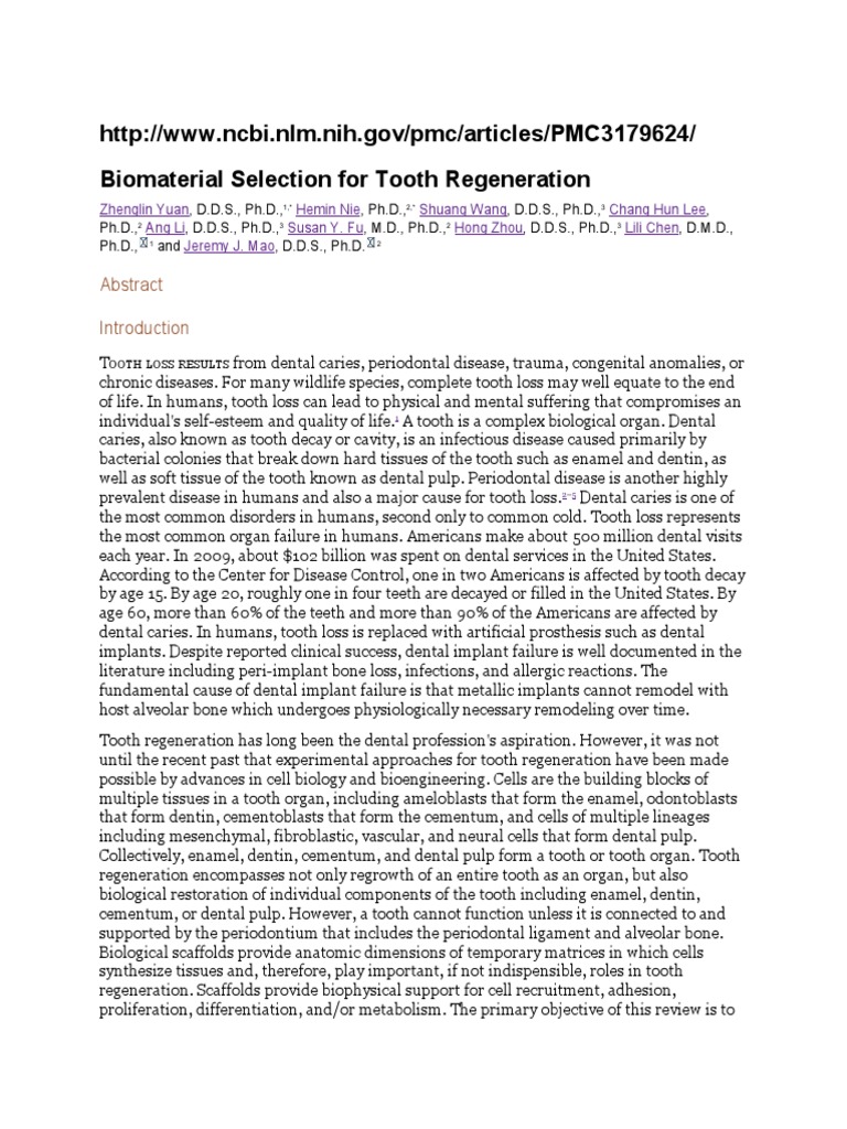 Biomaterial Selection For Tooth Regeneration | PDF | Tissue Engineering ...
