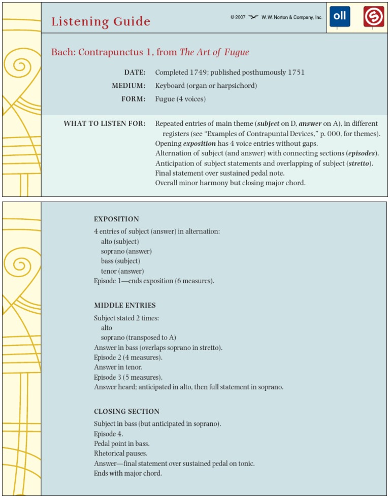 Listening Guide: Bach'S Contrapunctus I, From The Art of Fugue | PDF ...