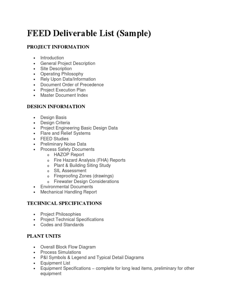 FEED Deliverable List (Sample) : Project Information | PDF ...