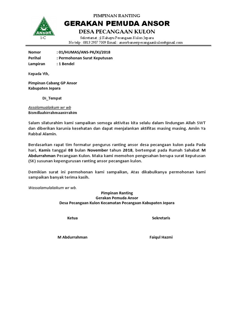 Draff Berkas Pengajuan SK PR ANSOR Pecangaan Kulon | PDF