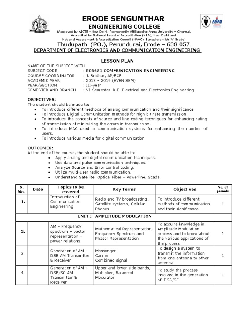 Lesson Plan Ee6651 Ce | PDF | Modulation | Frequency Modulation