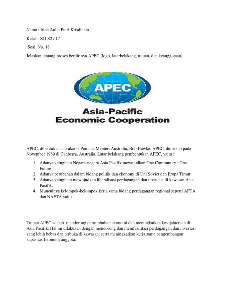Apec Didirikan Pada Tahun 1989 Dengan Tujuan Untuk