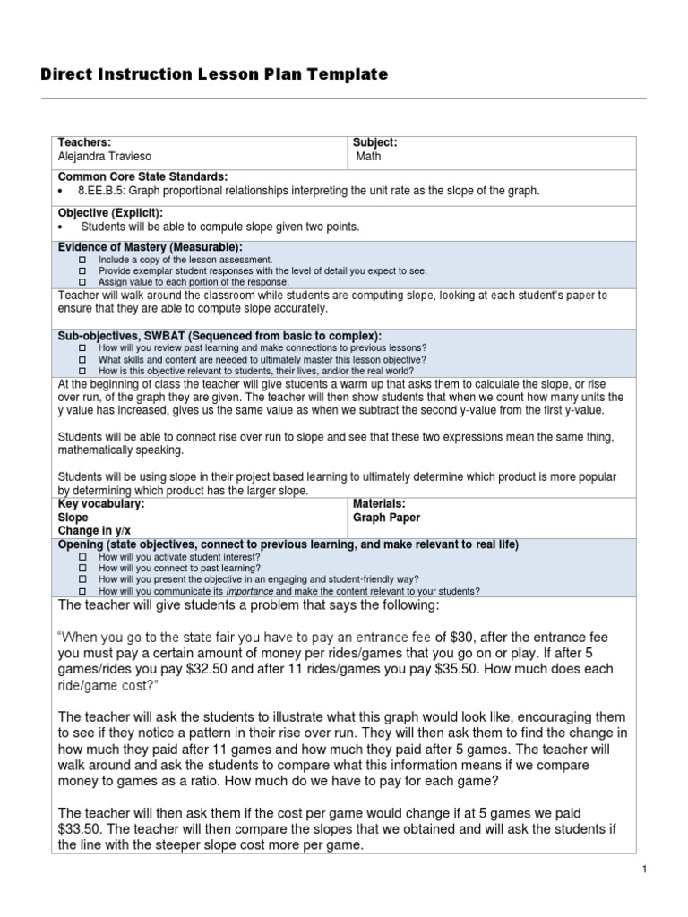 Direct Instruction Lesson Plan Template 1 | PDF | Educational ...