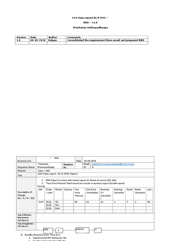LMS Data Report BI & DMS - BRD - v1.0 Prashanta Mukhopadhyaya | PDF
