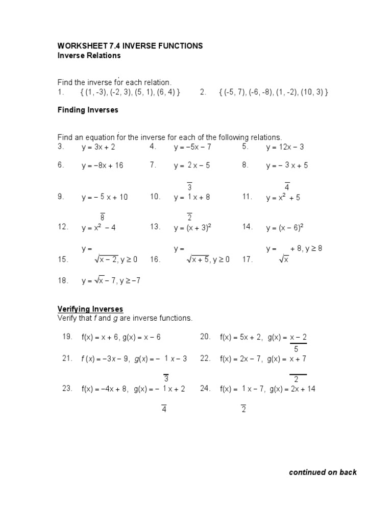 Worksheet 7.4 Inverse Functions Inverse Relations: Continued On Back | PDF | Numbers ...
