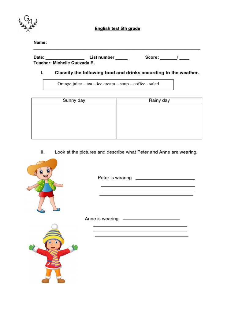 5th Grade English Weather Test | PDF