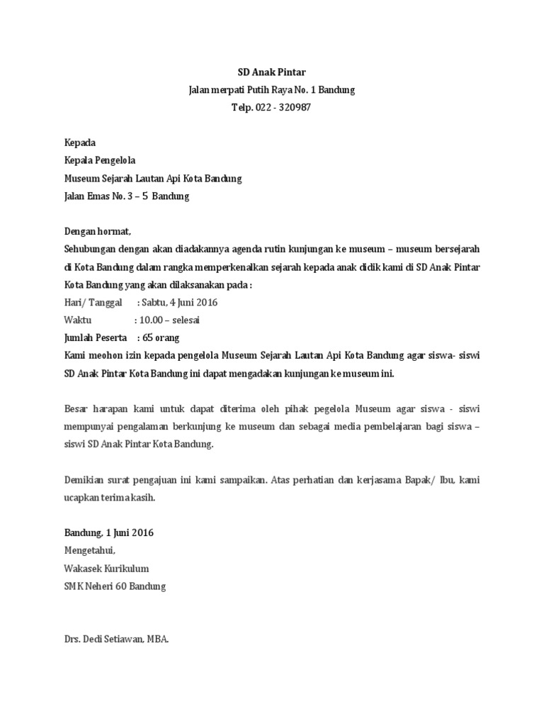 Contoh Surat Permohonan Kunjungan Ke Museum | PDF | Ilmu Sosial