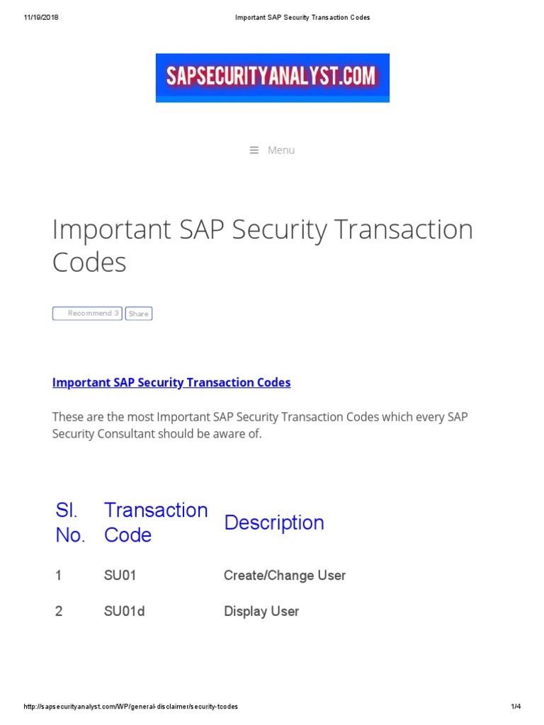 Important SAP Security Transaction Codes: Sl. No. Transaction Code Description | PDF | Areas Of ...
