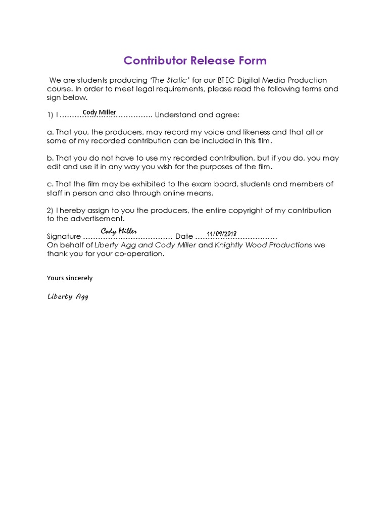 Contributor Release Form - Cody | PDF