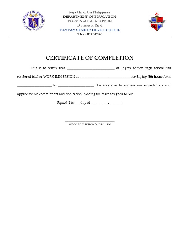 Certificate of Completion: Taytay Senior High School | PDF