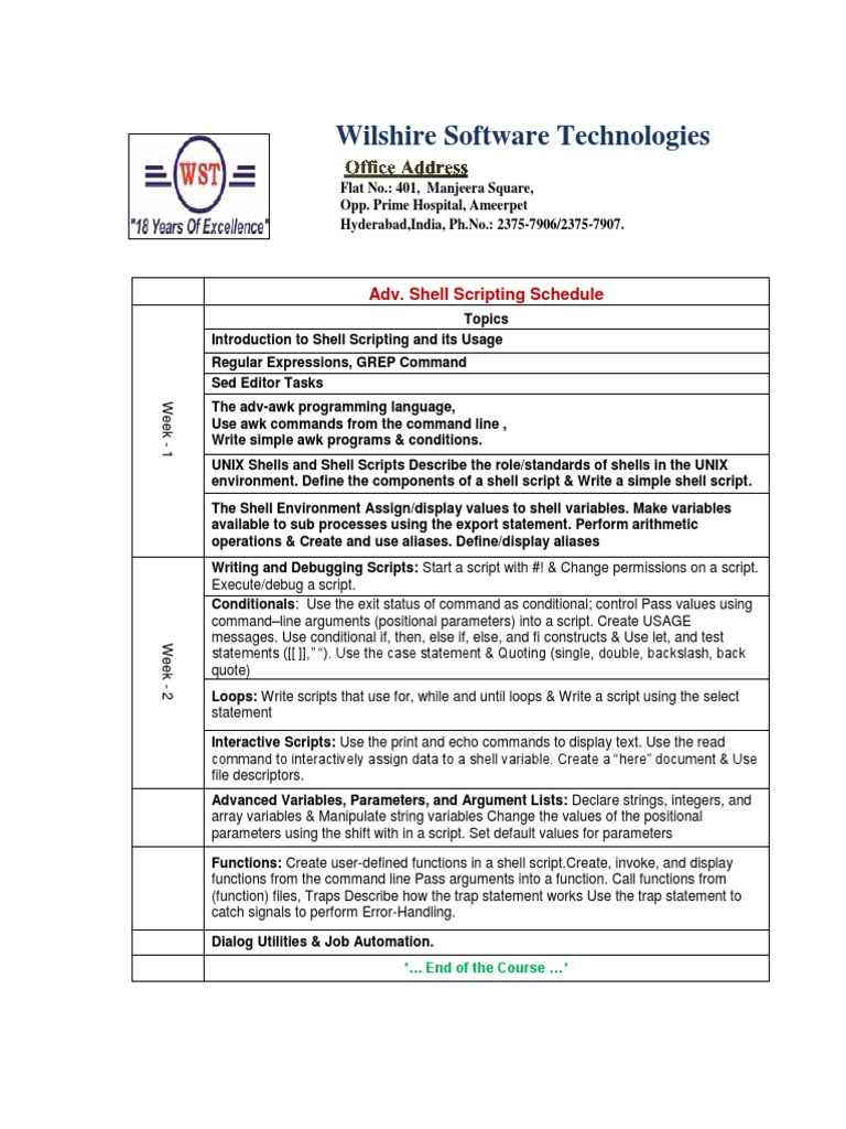Wilshire Software Technologies: Adv. Shell Scripting Schedule | PDF | Scripting Language ...
