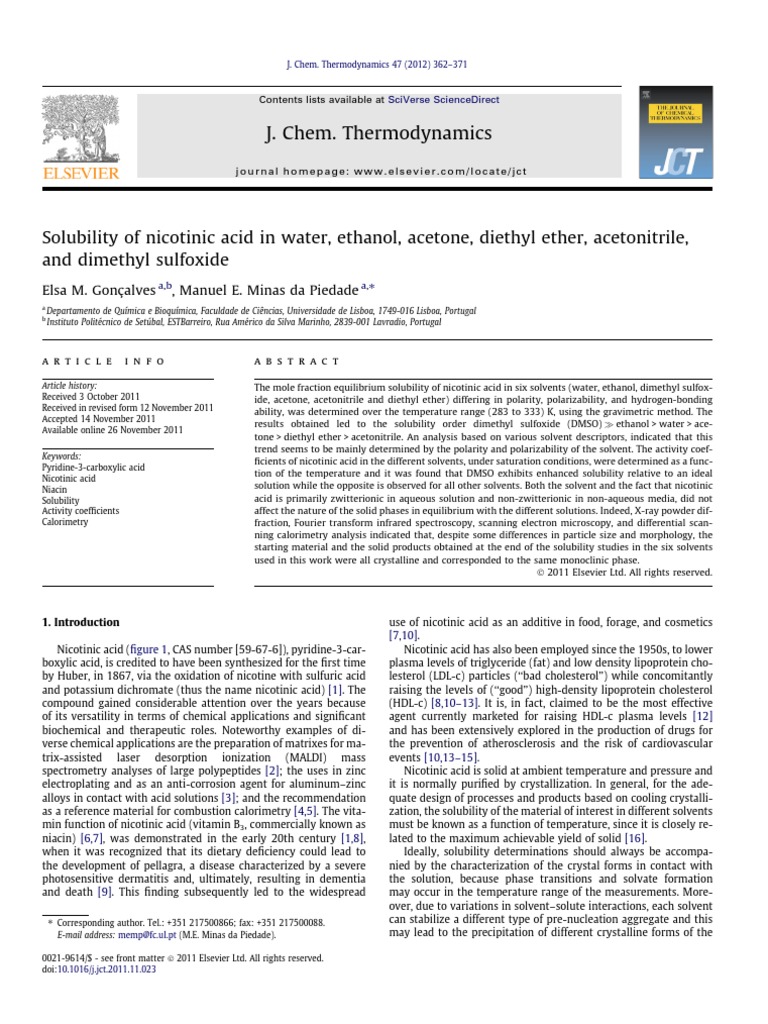 Solubility of Nicotinic Acid in Water, Ethanol, Acetone, Diethyl Ether ...