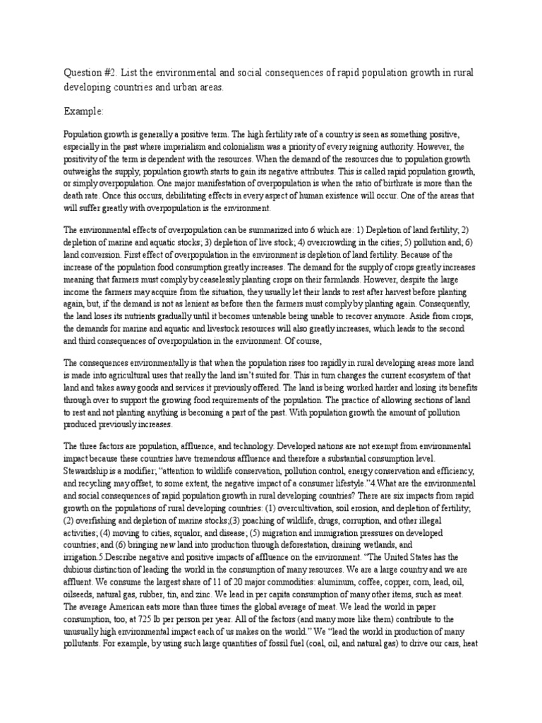 Question #2. List The Environmental and Social Consequences of Rapid Population Growth in Rural ...