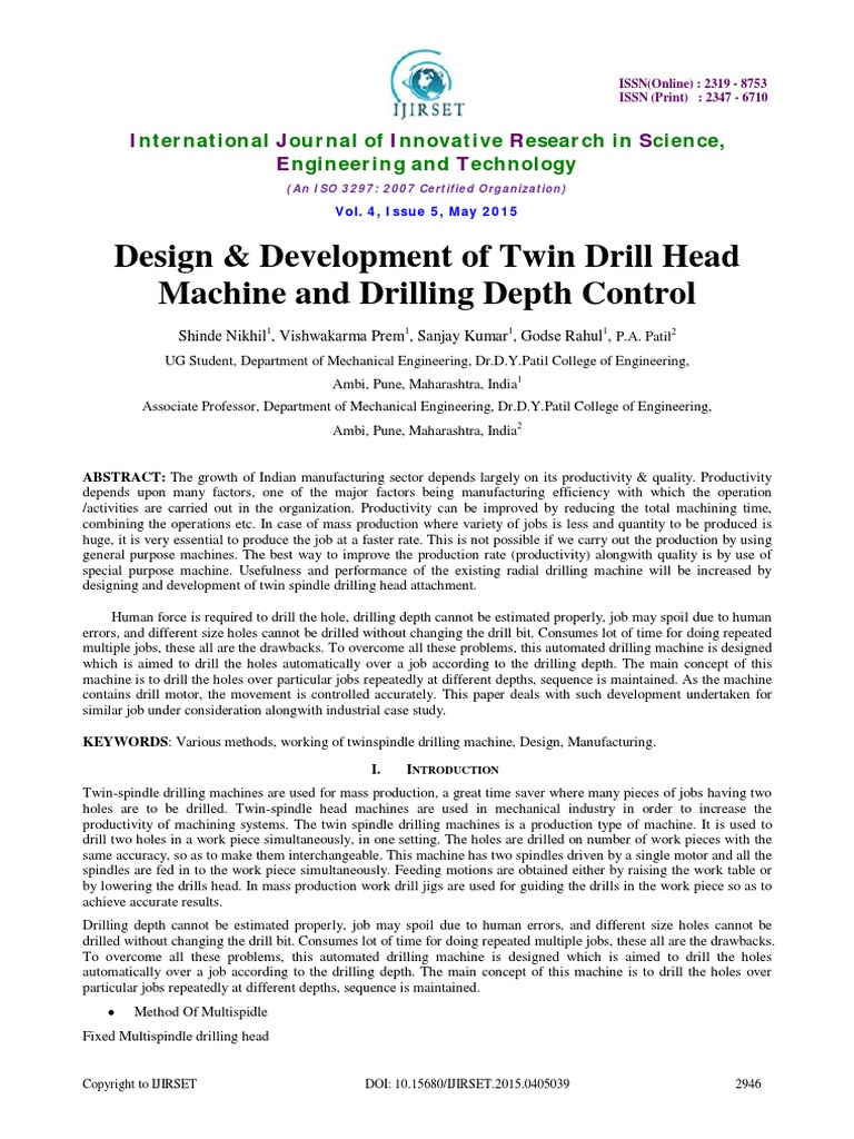 Design & Development of Twin Drill Head Machine and Drilling Depth ...