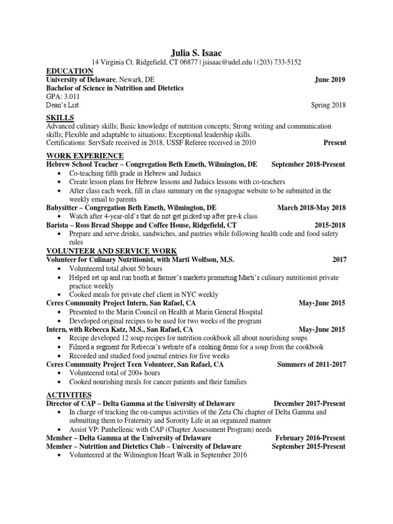 Julia Isaac Resume | PDF | Dietitian | Food And Drink